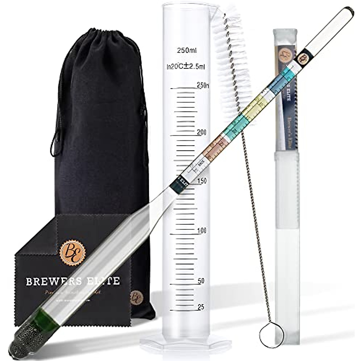 Brewer's Elite Hydrometer & Plastic Test Jar - for Home Brew Beer, Wine, Mead and Kombucha - Deluxe Triple Scale Set, Hardcase and Cloth - Specific Gravity ABV Tester