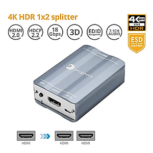 gofanco Prophecy 4K 1x2 HDMI 2.0 Splitter – 4K @60Hz YUV 4:4:4, HDR, 3D, HDCP 2.2/1.4, EDID, 18Gbps, ESD Protection, 2 Way Port, 1 in 2 Out, TAA Compliant (PRO-HD20split2P)