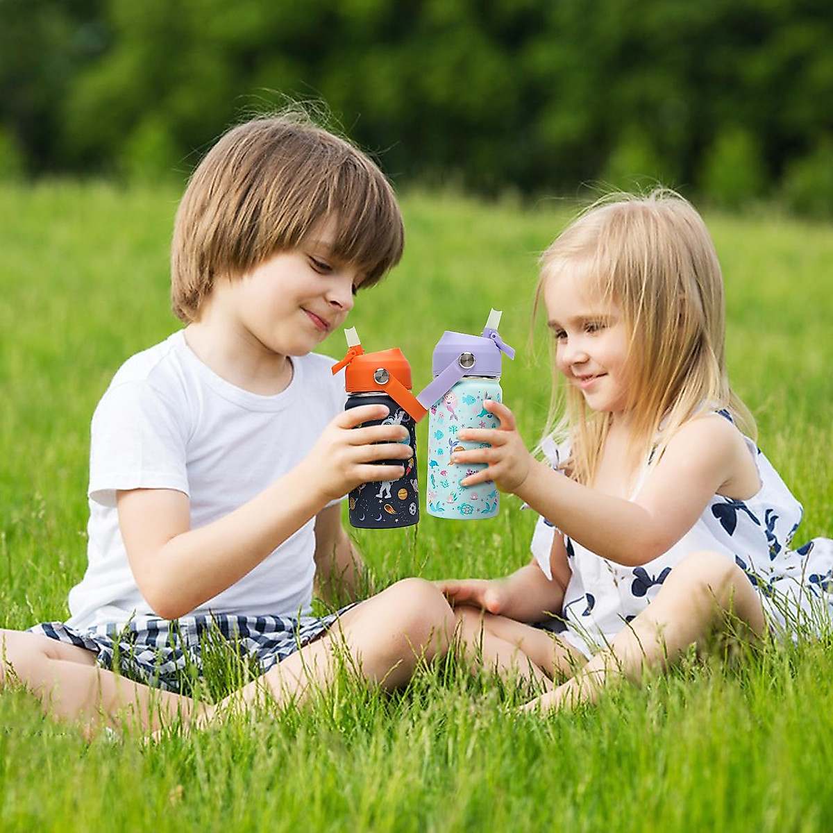 Scothen Kids Insulated Water Bottle with Straw Lid, 14oz Double Wall Vacuum 18/8 Stainless Steel Kids Tumbler, BPA-FREE Leak Proof Toddler Metal Water Bottle Kids Cups for School Travel Boys Girls