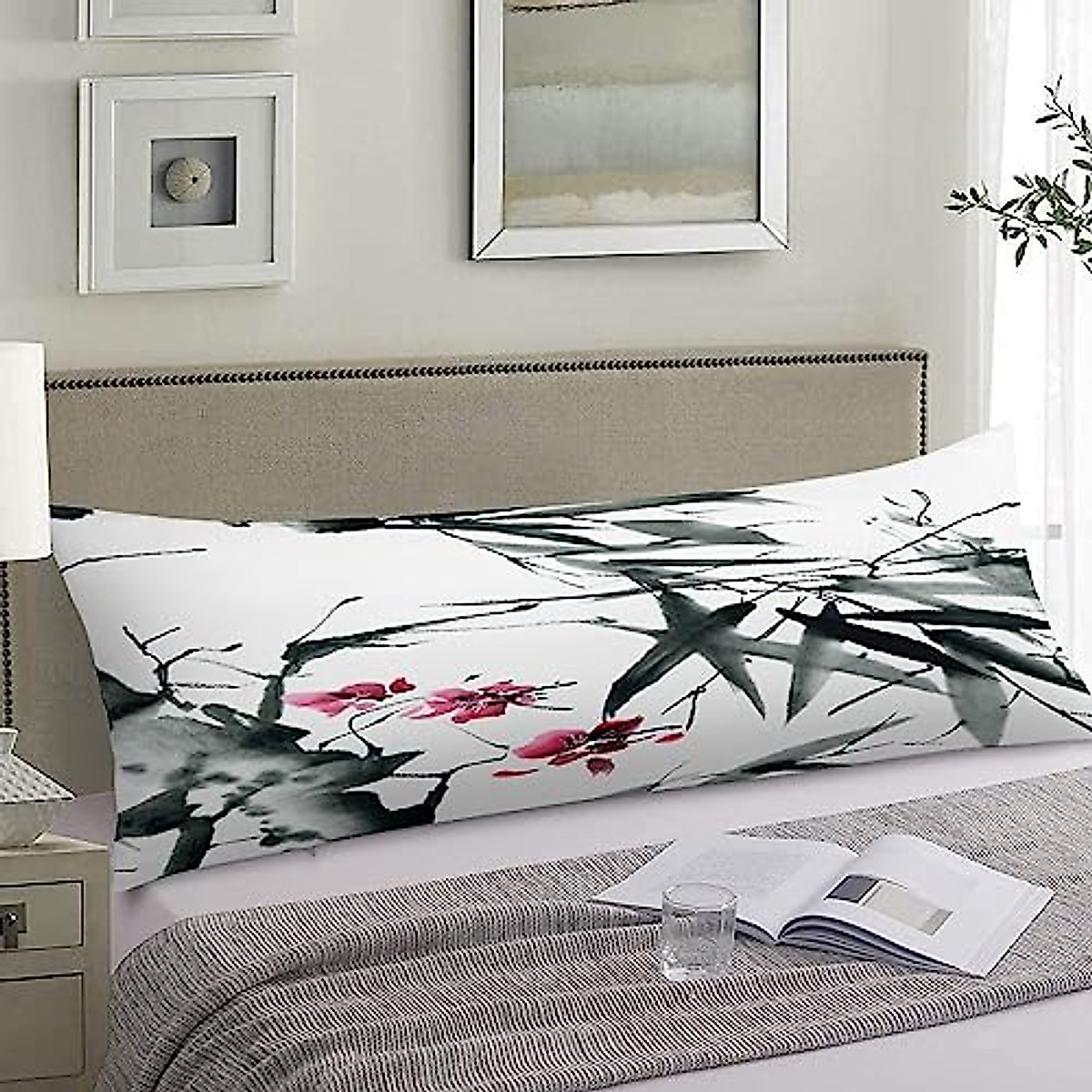 Body Pillow Cover,Bamboo Stems Cherry Blossom Japanese Inspired Folk Print Printed Long Pillow Cases Protector with Zipper Decor Soft Large Covers Cushion for Beding,Couch,Sofa,Home Gift 20"x54"