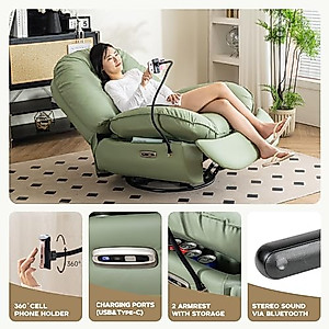 Power Recliner Sofa Voice Control Home Theater Seating with Adjustable Backrest Footrest Swivel Glider Chair with USB Charger, Bluetooth Music Player, Cellphone Holder for Living Room Bedroom (Green)