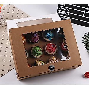 Jucoan 20 Pack Kraft Cupcake Boxes Containers with Clear Display Window, Brown Cake Trays Holder for Cookies, Muffins Pastries, Holding 12 Standard Cupcakes for Valentines Day Party