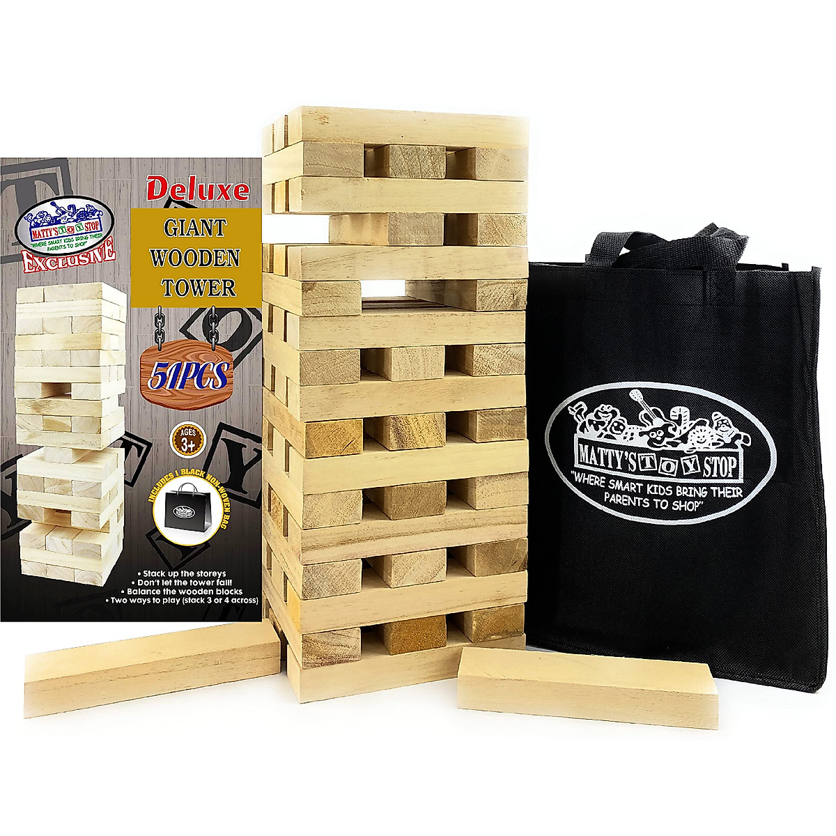 Mɑtty's Toy Stop Deluxe 51pc Giant Wood Tower Stacking Game with Storage Bag (Starts 17" Tall)