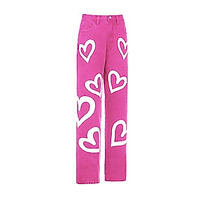 Women's High Waist Heart Print Wide Leg Loost Fit Vintage Boyfriend Jeans Teen Girls Streetwear Denim Pants Pink