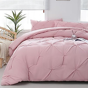 DOWNCOOL King Size Comforter Set - Pintuck Bedding Comforter Sets, 3-Piece Set, 1 Pinch Pleated Comforter and 2 Pillowcases, Soft Bedding Comforters & Sets for All Season, Pink Comforter King Size