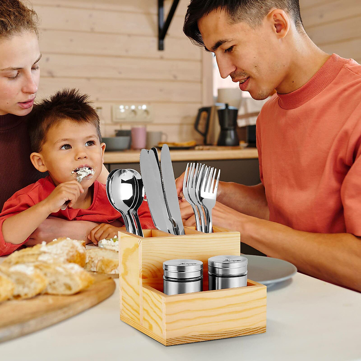 Wooden Silverware Holder,Countertop Silverware Organizer,Silverware Holder for Fork,Spoon,Knife,Condiment Shakers,4 Compartments Utensil Caddy for Farmhouse Kitchen Decor,Parties,Hotel