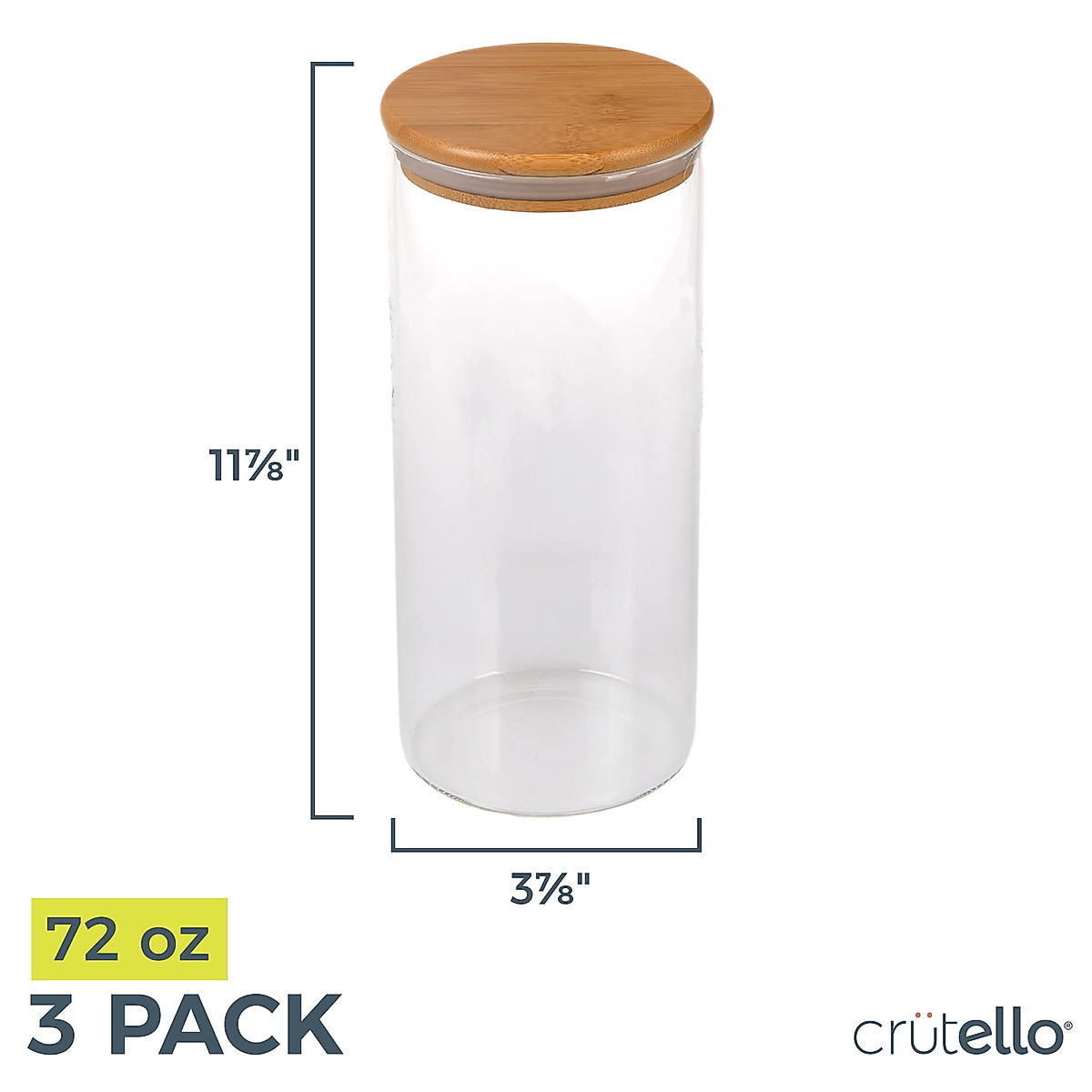 Crutello Glass Food Storage Containers with Bamboo Lids, 3 Pack - 72 Fluid oz Airtight Clear Kitchen Organization Canisters - A Family-Owned American Brand