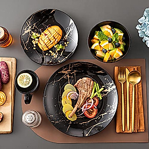 LOVECASA Black Dish Set for 8, 32 Piece Porcelain Dinnerware Sets Plates and Bowls Sets, Gold Splash Glaze Round Dinner Plates, Stylish and Modern Dinner Set with Mugs, Dishwasher & Microwave Safe