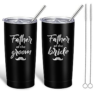 Set of 2 Mother Father of The Bride Groom Tumbler Mug Stainless Steel Tumbler with Lid and Straw Brushes Bridal Shower Party Travel Mug Wedding Engagement Favors (7 Inch, Simple Style for Father)