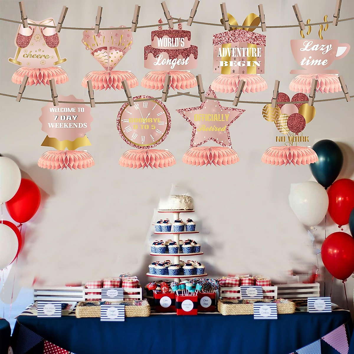 9Pcs Happy Retirement Decorations Table Honeycomb Centerpieces Party Supplies Pink Rose Gold Retirement Adventure Awaits Sign for Men Retired Decor Goodbye Retirement Signs