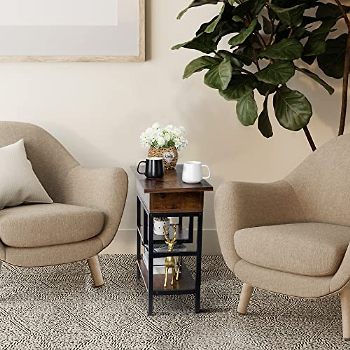 Hadulcet Side Table with USB Ports and Outlets, Narrow Sofa End Table with Storage Shelf for Small Spaces, Bedside Table Nightstand with Charging Station Rustic Brown