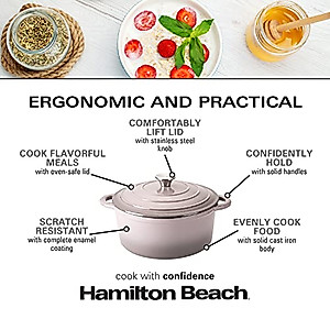 Hamilton Beach Enameled Cast Iron Dutch Oven 5.5-Quart Gray, Cream Enamel Dutch Oven Pot with Lid, Cast Iron Dutch Oven with Even Heat Distribution, Safe Up to 400 Degrees, Durable