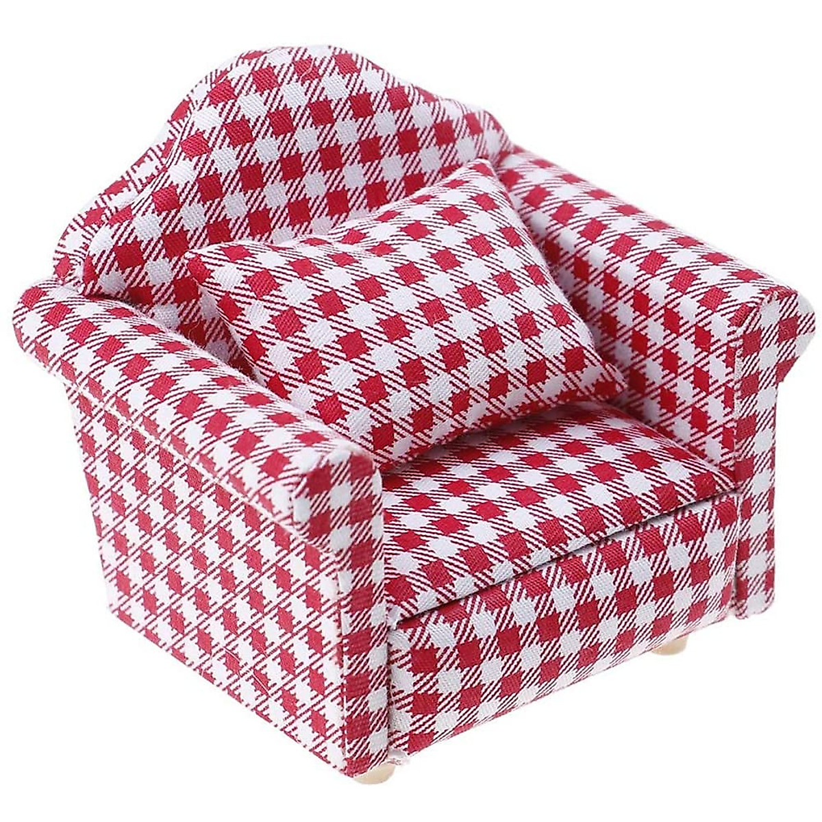 2 Sets 1:12 Scale DIY Dollhouse Sofa&Armchair with Pillow Mini Dolls House Furniture Couch&Chair Miniature Wooden Furniture Handmade Crafts Supplies Red Checkered Dollhouse Toy Dollhouse Accessories