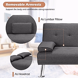 KOMFOTT Upholstered Futon Sofa Bed, Linen Futon Sofa Couch with Adjustable Backrest & Removable Armrests, 2 Cup Holders, Convertible Sleeper Sofa Love Seat for Living Room Apartment (Dark Gray)