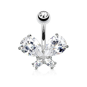 Pierced Owl CZ Crystal Butterfly Belly Button Ring (Clear)