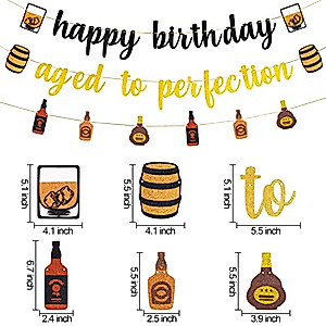 Whiskey themed Aged to Perfection Birthday Party Supplies for Men, Black Gold Cheer and Beer Themed Whiskey Birthday Party Banner Decorations
