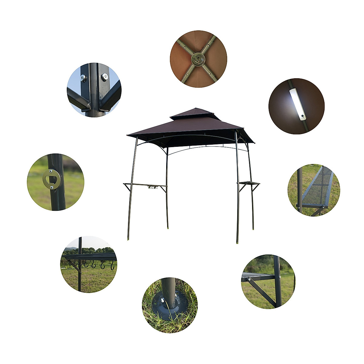 8x5 Ft Barbecue Metal Grill Gazebo Tent Pergola BBQ Canopy Sun shelter for Outdoor Patios Deck Yard Balcony W/Lights 2-Tier Vent Brown Soft Top Roof