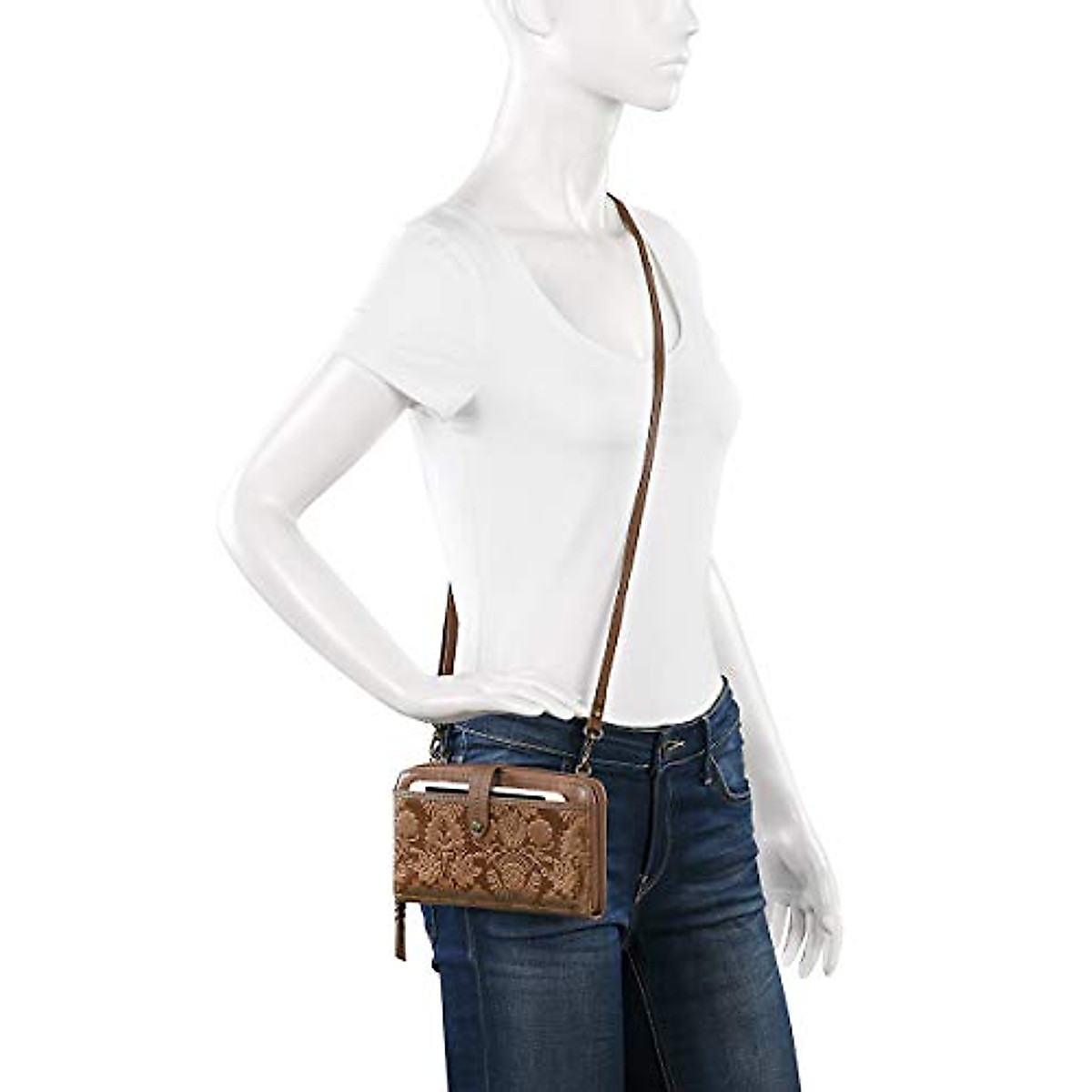 The Sak Iris Large Smartphone Crossbody Bag in Leather, Convertible Wristlet Purse Design, Tobacco Floral Embossed