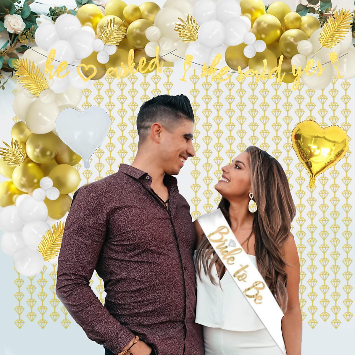 Hombae Engagement Party Decorations, Gold and White Bridal Shower Dimond Fringe Curtain Balloon Garland Leaves He Asked She Said Yes Banner Cake Cupcake Topper Box Cutout I Do Confetti Sash