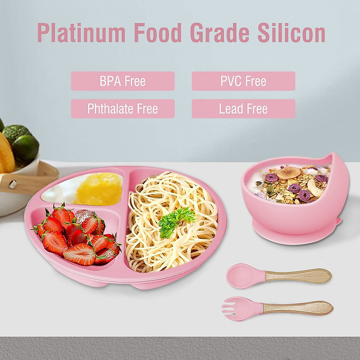 Hoidokly Baby Feeding Set, 8 Pcs Silicone Baby Led Weaning Supplies Includes Cup Baby Plate, Bowl, Adjustable Bib, Cup, Spoon and Fork,BPA Free Baby Weaning Utensils Set for 6+ Months-Pink