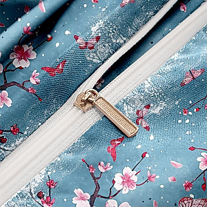 CCoutueChen Japanese Cherry Blossom Duvet Cover Set King Size Blue Floral Butterfly Comforter Bedding Set Retro Duvet Covers for Girls Women Adults Botanical Flower Duvet Cover with 2 Pillowcases