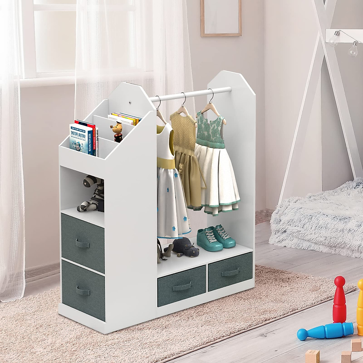 WEMAKMAK Kids Play Armoire with Storage Bins and Closet for Dress Up and Costumes, includes Mirror - White