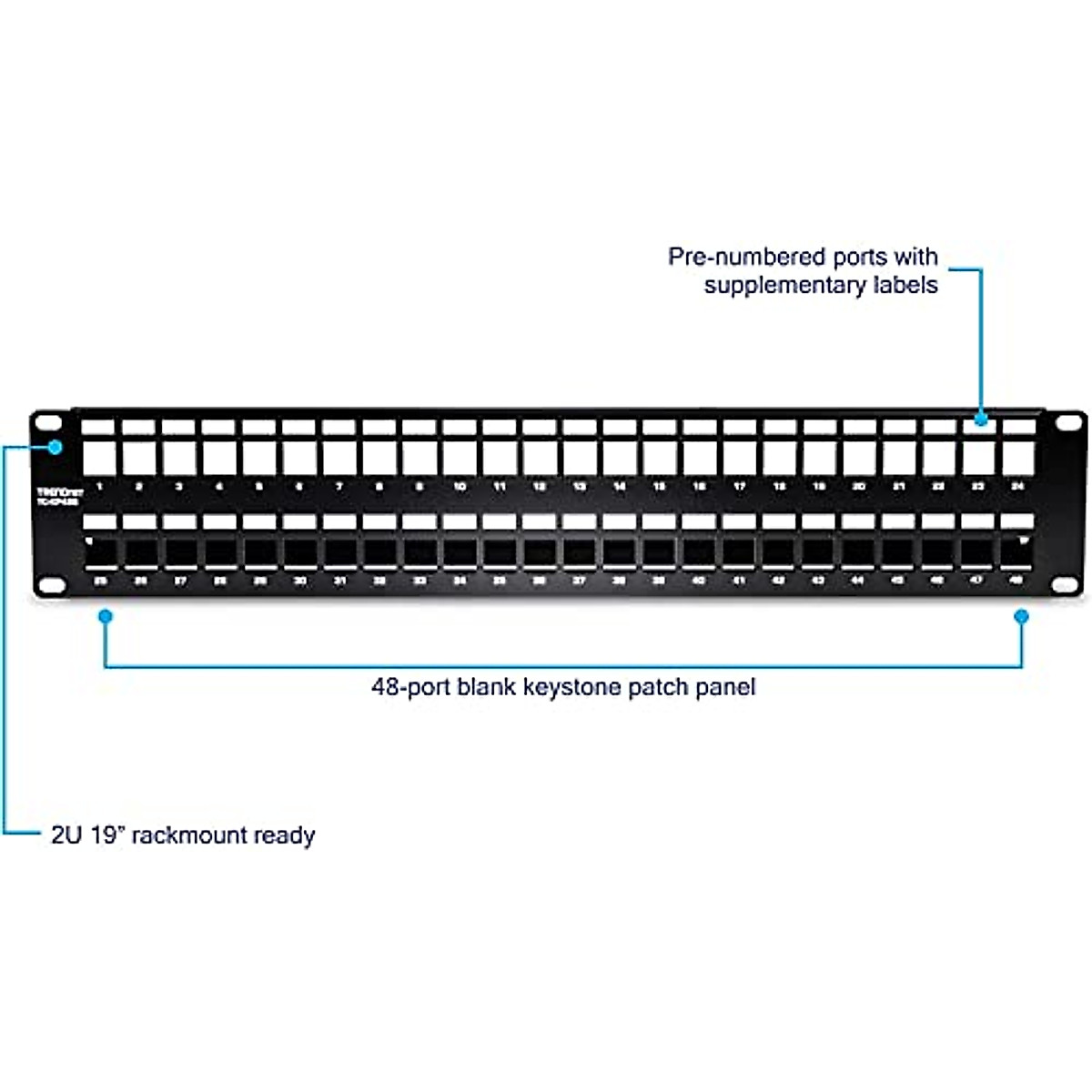 TRENDnet 48-Port Blank Keystone Shielded 2U HD Patch Panel, TC-KP48S, 2U 19” Metal Rackmount Housing, Network Management Panel, Recommended with TC-K06C6A Cat6A Keystone Jacks (Sold Separately)
