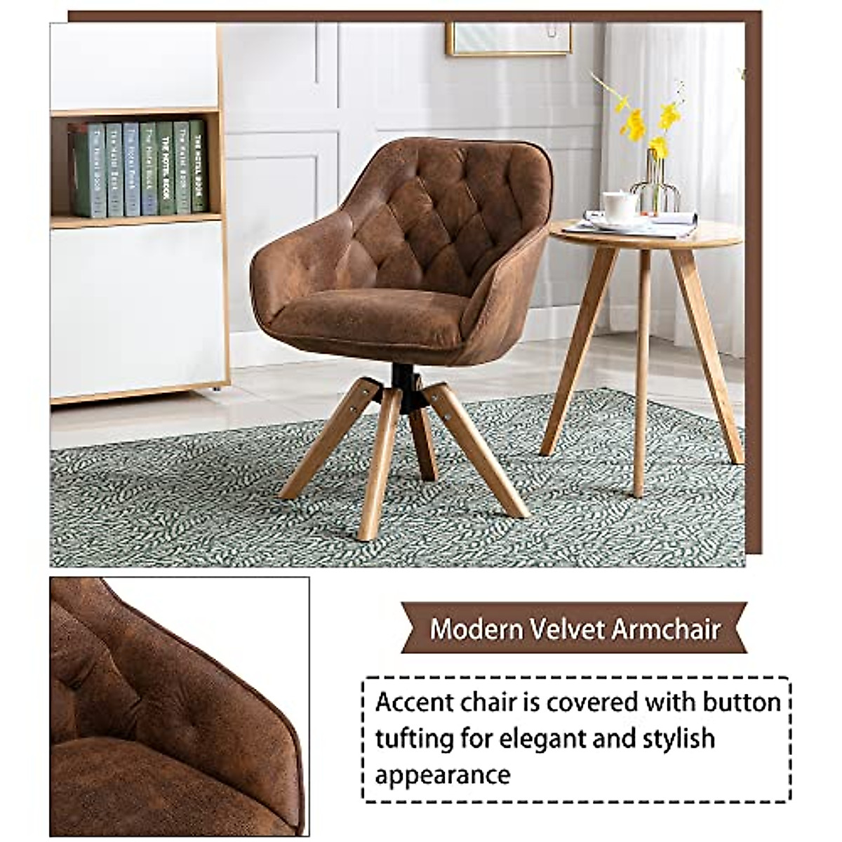 LoLado Swivel Accent Chair, Mid Century Modern Barrel Chair with Wood Legs, Velvet Armchair for Living Room Bedroom Small Spaces(Coffee)