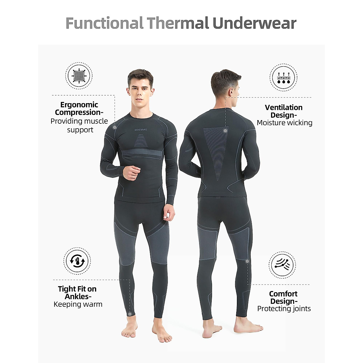 NOOYME Thermal Underwear for Men Long Johns for Men, Long Underwear Mens Base Layer Men for Cold Weather Black-grey