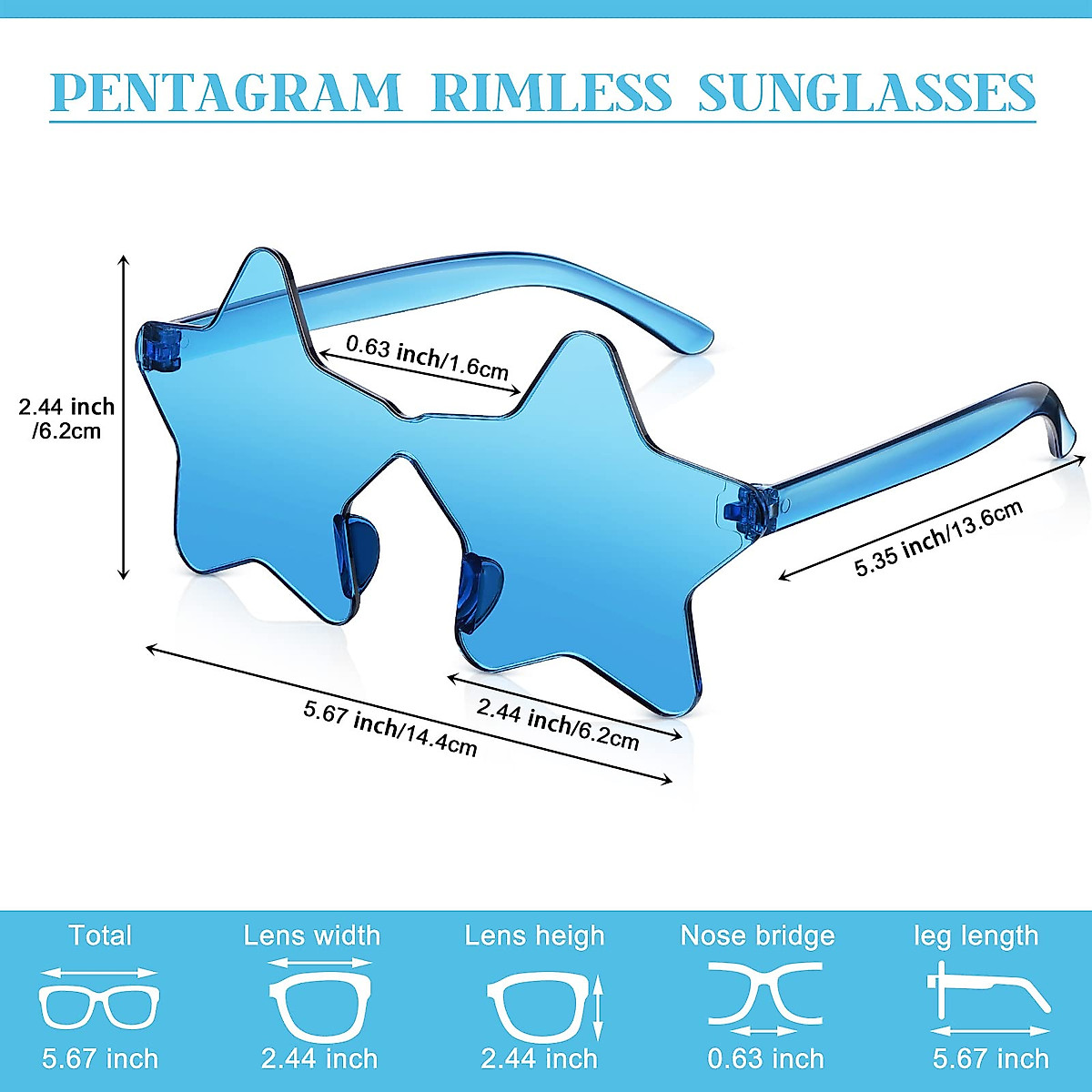 CHENGU 2 Pcs Star Shape Rimless Sunglasses Transparent Candy Color Sunglasses Party Favor star glasses for Women(Blue)