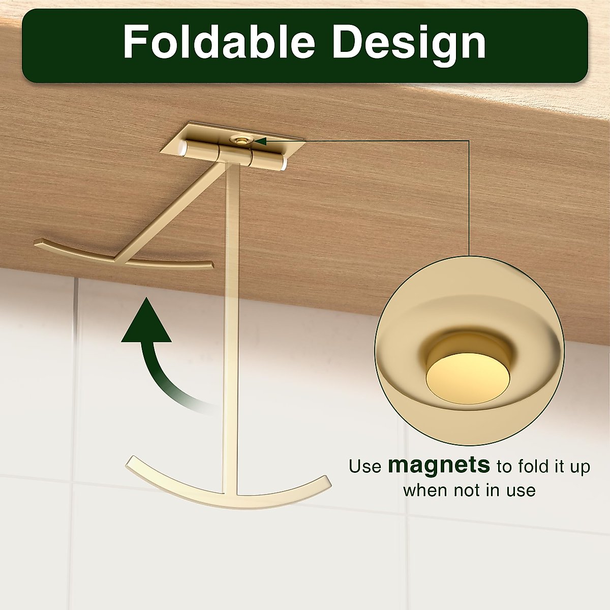Josmimic Adhesive Banana Hook Under Cabinet: Banana Holder - Banana Hanger - Under Counter Banana Hanger - Folding Banana Hook, Folds Up When Not in Use, Keep Bananas Fresh - Gold - 2 Pack