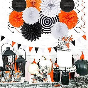 Black White Orange Halloween Party-Decorations - 33pcs Birthday Banner,Streamers Tassel Garland,Paper Lantern Fans,Tissue Pom Poms,Bachelorette Baby Bridal Shower Graduations Backdrop Decor Hugtmr