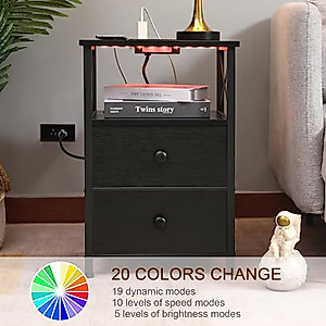 AMHANCIBLE LED Night Stand Set 2, Night Stands for bedrooms Set of 2 with Charging Station, Side Table with USB C Port and Outlet HET052LBK