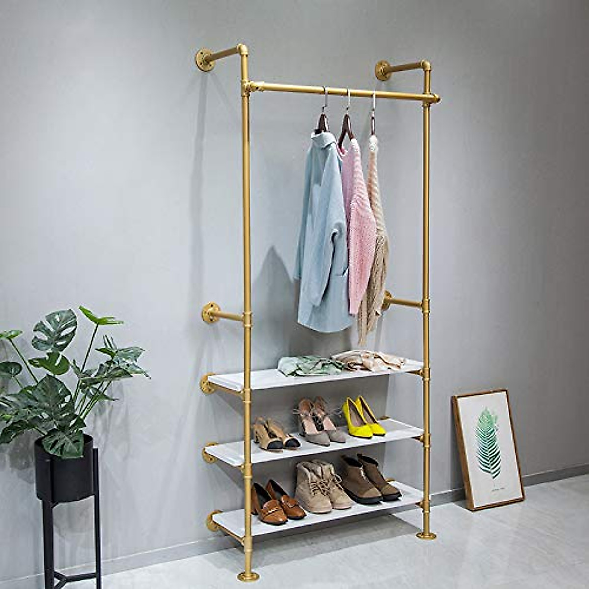 WGX Design For You Industrial Pipe Clothing Rack Wood Garment Rack Pipeline Vintage Rolling Rack On Wall（Gold）