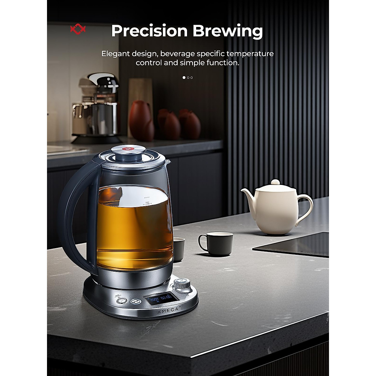 Tea Kettle Electric, AMEGAT Tea Pot with Removable Infuser, 9 Preset Brewing Programs Tea Maker with Temperature Control, 2 Hours Keep Warm, 1.7L Electric Kettles, 1200W, Glass and Stainless Steel