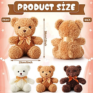 HyDren 12 Pcs Bear Stuffed Animal 12 Inch Bulk Soft Plush Bear Toys with Ribbon Bow Ties Fluffy Bears for Birthday Gift Baby Shower Graduation Wedding Party Favors(Light Brown, Dark Brown, White)
