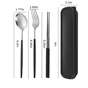AXIAOLU Travel Utensils, Stainless Steel 4pcs Cutlery Set Portable Camp Reusable Flatware Silverware, Include Fork Spoon Chopsticks with Case (Black)