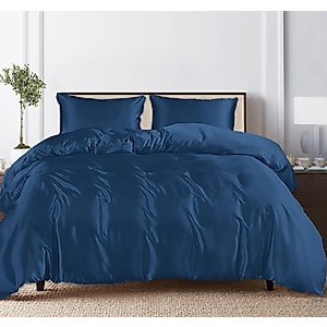 Linenwalas Tencel Lyocell Duvet Cover Set with Deep Pocket Fitted Sheet, Viscose Made from Eucalyptus Soft, Lightweight and Breathable Complete Bedding Set (Navy Blue, Queen)