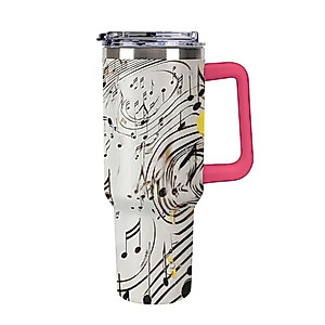 LLUTSNTH 40 Oz Vacuum Tumbler with Light Rose Red Handle Leakproof Insulated Tumbler Music Notes Print Stainless Steel Travel Mug with Lid And Straw Coffee Cup Cute Water Bottles Cup Holder Friendly