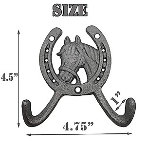 ROYHOO 2PCS Cast Iron Horse Head Horseshoe Double Key Coat Hooks Wall Hanger Clothes Rack