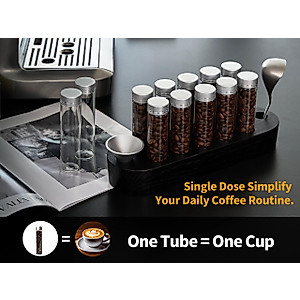 Coosigar Coffee Bean Container, Single Dose Coffee Bean Storage,10PCS Coffee bean cellar container with black wooden stand and funnel coffee spoon.(Black wood+Silver lids)