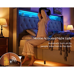 Jocisland Queen Size Bed Frame 53.6'' Tall Headboard LED Lights Charging Station, Velvet Hign Upholstered Platform Bed Wingback Storage, No Box Spring Needed, Motion Activated Light, Light Gray