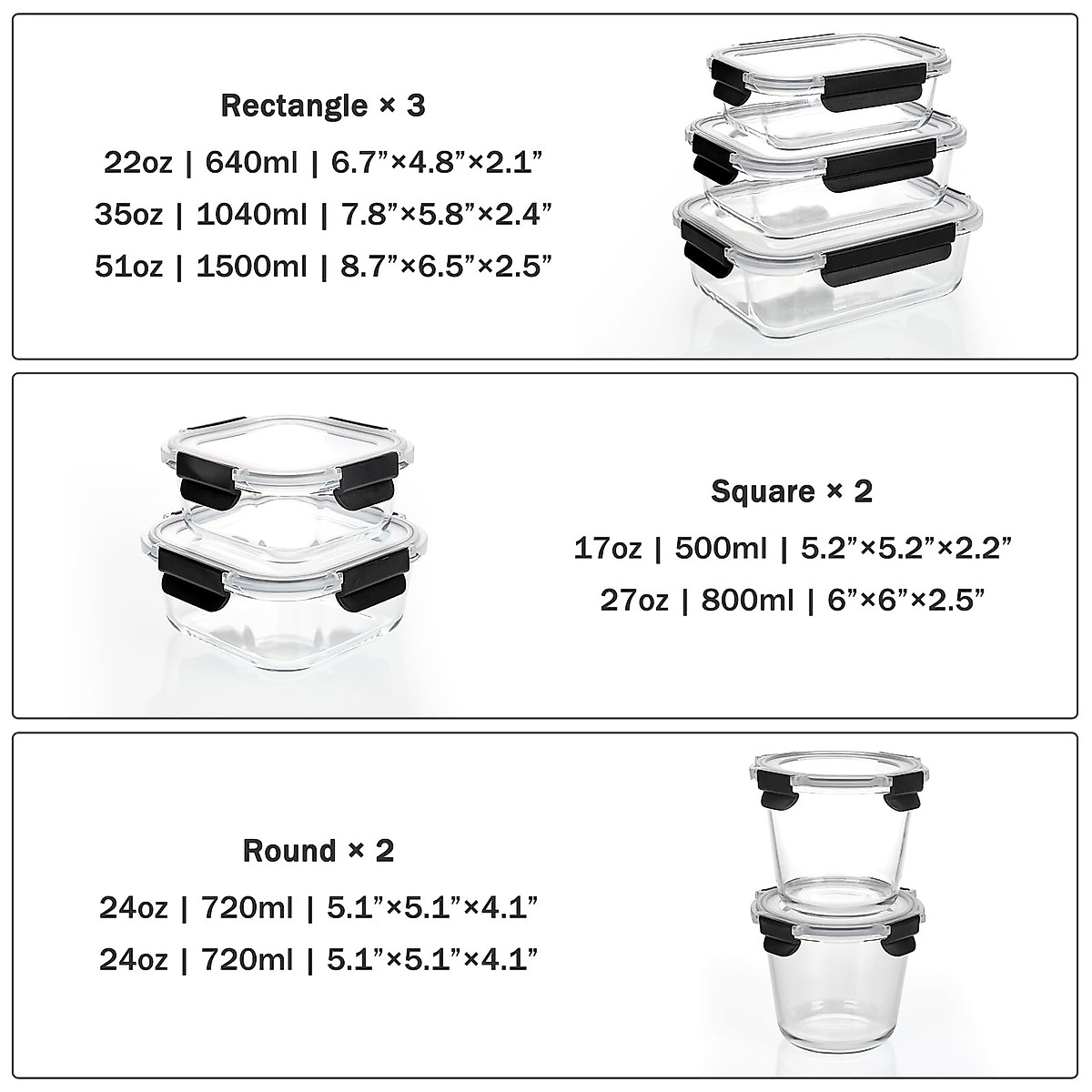 Moretoes 14pc Glass Food Storage Containers, Glass Soup Canisters with Lids Set, Airtight Glass Meal Prep Containers with Lids for Microwave, Oven, Freezer & Dishwasher Friendly, Grey