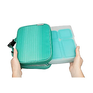 Kids Lunch Box & Bento Box Kit, Turquoise, Lunch Bag Tote Set is Insulated & Keeps Food Cold for Hours, Includes Bento Inside, 5 Removable Containers & Blue Lids, Great for Girls Back to School