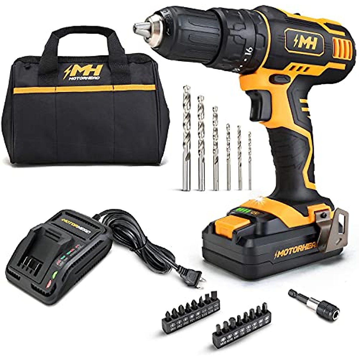MOTORHEAD 20V ULTRA Cordless Drill Driver, Lithium-Ion, ½” Keyless Chuck, 16+1+1 Clutch, 2-Speed Transmission, Variable Speed Trigger, Built-in LED, 2Ah Battery, Charger, 22 Accessory Bits, USA-Based