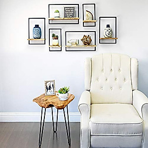 WELLAND Modern Floating Shelves, Metal Frame Rustic Wood Shelves, Home Decor Hanging Wall Mounted Display Organizing Shelf for Living Room, Bedroom, Office, Bathroom, Set of 6