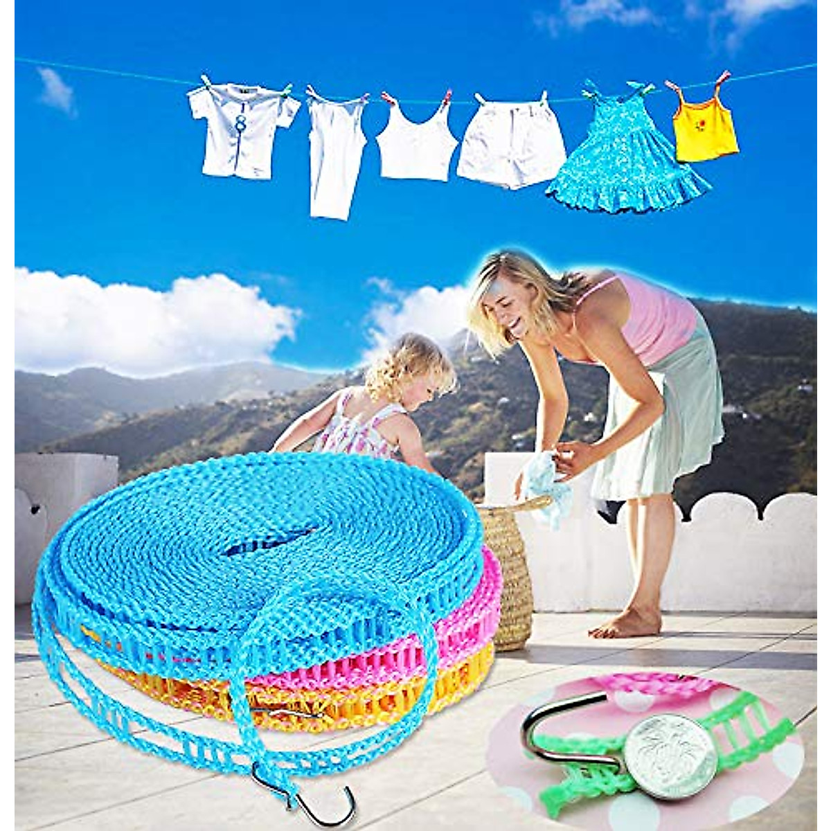 Madowl 3 Pack Clothesline Clothes Drying Rope Nylon Clothes Line 5 Meters Portable Drying Rope Clothes Lines Hanger Rope Fixing Hangers for Indoor Outdoor Camping Travel Home Use (Blue, Green, Pink)