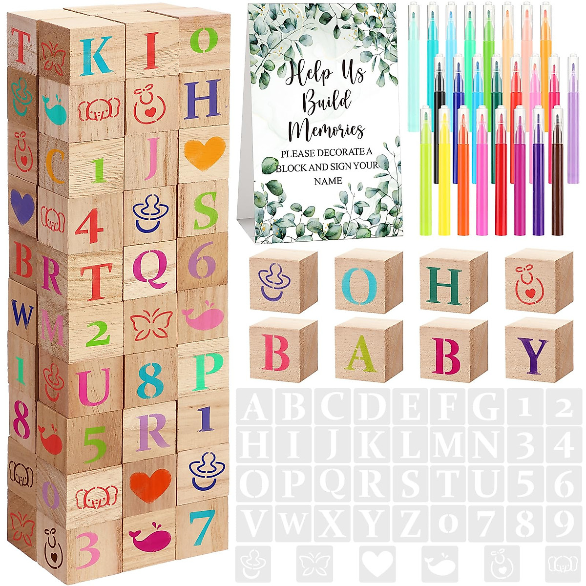 147 Pcs Baby Shower Blocks to Decorate Games Kit Includes Decorate a Block Game Sign 80 DIY Blank Wooden Block 42 Stencils 24 Marker Baby Shower Prize for Decoration Gender Reveal Baby Shower Games