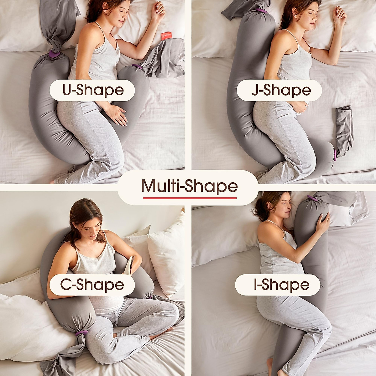 bbhugme Adjustable Pregnancy Pillow – Full Body Support for Side Sleeping - Adjustable Firmness and Shape - Supports Back, Legs, Belly, HIPS for Pregnant Women - Removable Cover - Stone
