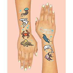 xo, Fetti Underwater Sea Creature Temporary Tattoos - 50 Glitter Styles | Ocean Animal Birthday Party Supplies, Shark, Dolphin, Crab, Fish, Arts and Crafts